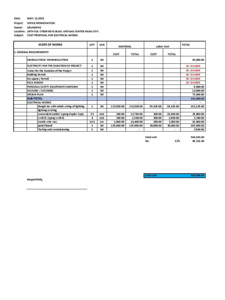 Electrical Works Cost Proposal | PDF | Components | Electric Power