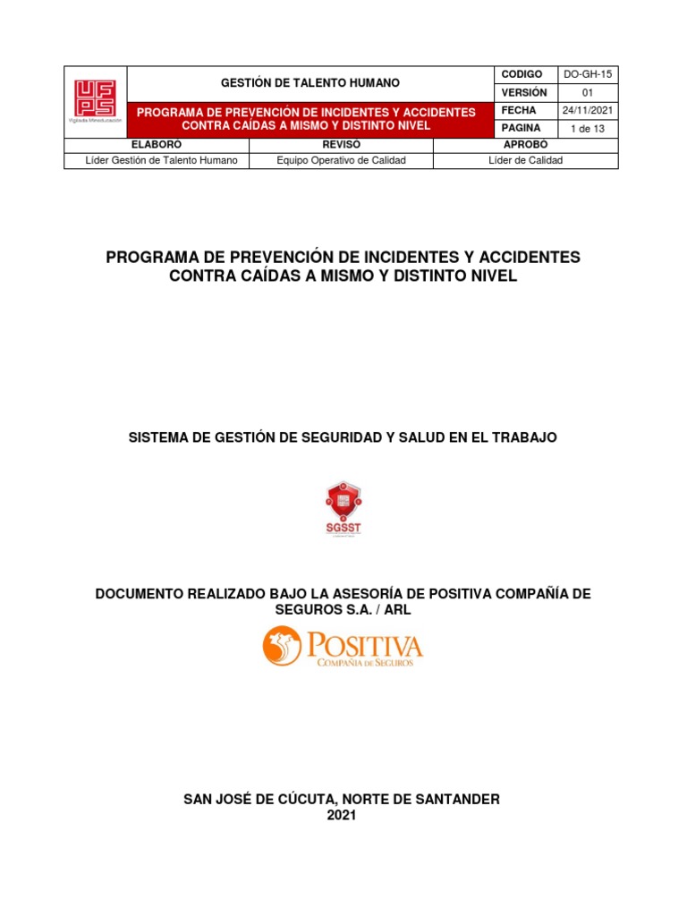 Programa De Prevencion Caidas A Nivel Pdf Riesgo Planificación