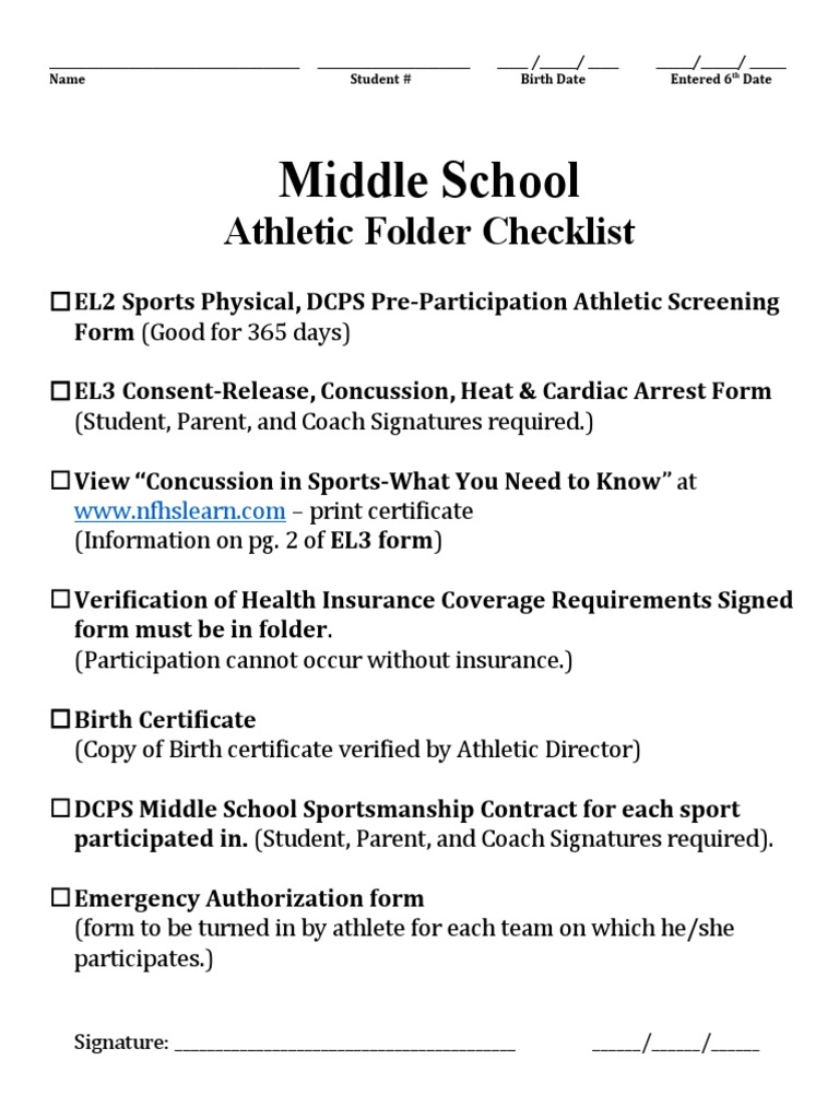2016 Athletic Cumulative Folder Checklist MS | PDF