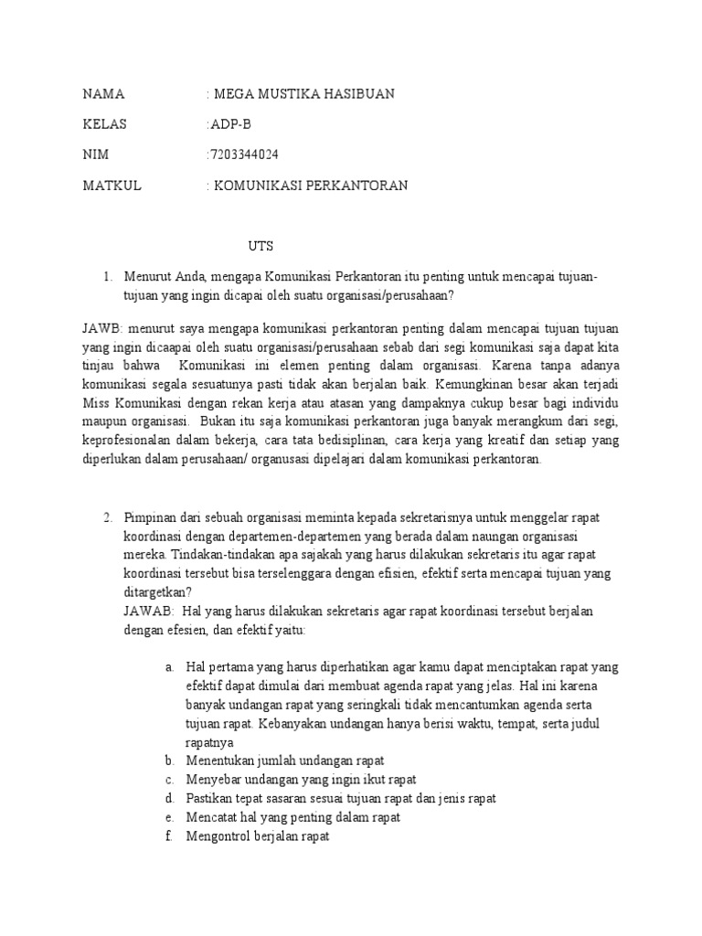 Uts Komunikasi Perkantoran - Mega Mustika Hasibuan | PDF | Karier ...