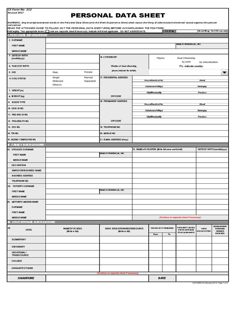 2017 - CSC Personal Data Sheet | PDF