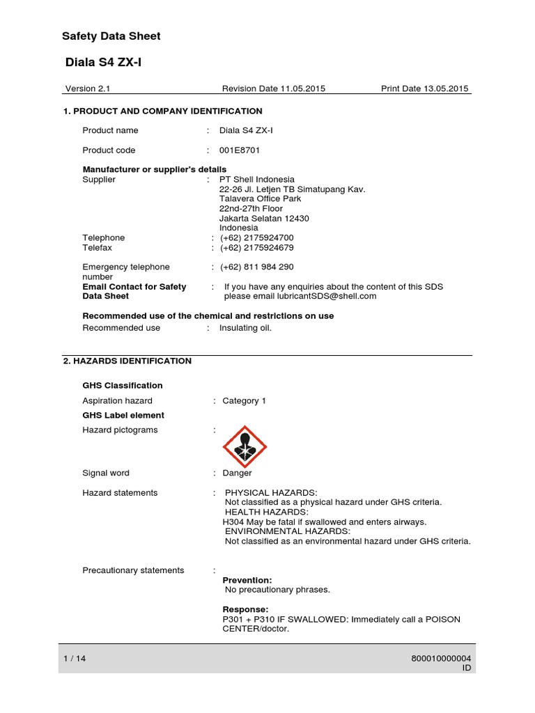 Safety Data Sheet for Diala S4 ZX-I Insulating Oil | PDF | Personal ...