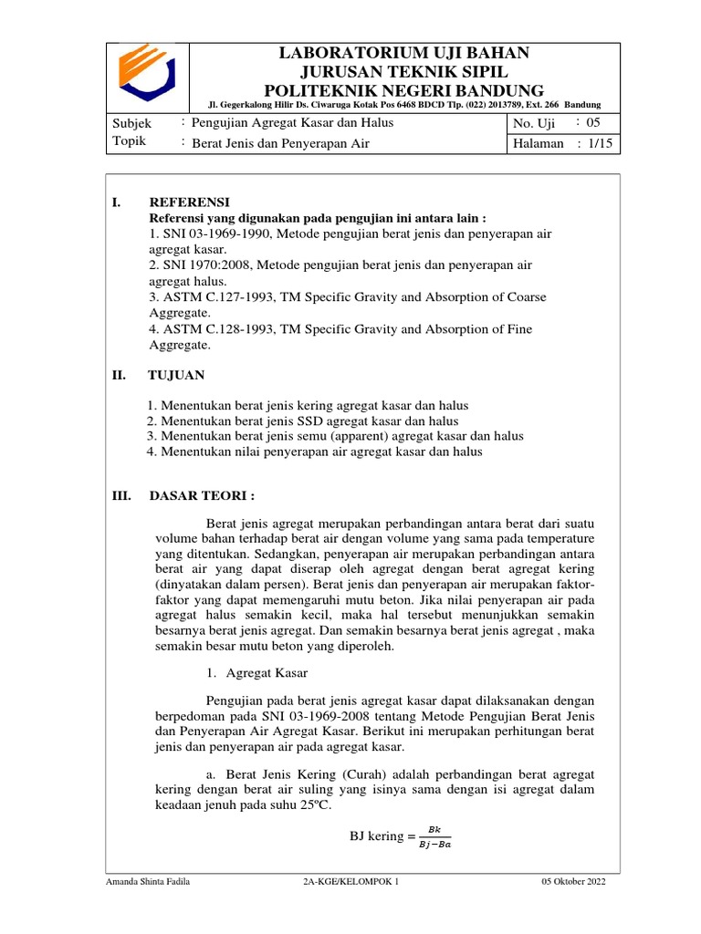 Uji Berat Jenis Agregat Halus Dan Kasar - 2A-KGE - KELOMPOK 1 | PDF