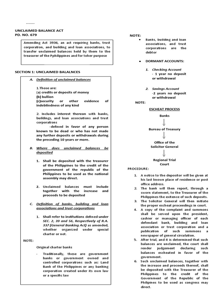 Unclaimed Balances Act Outline | PDF | Banks | Deposit Account