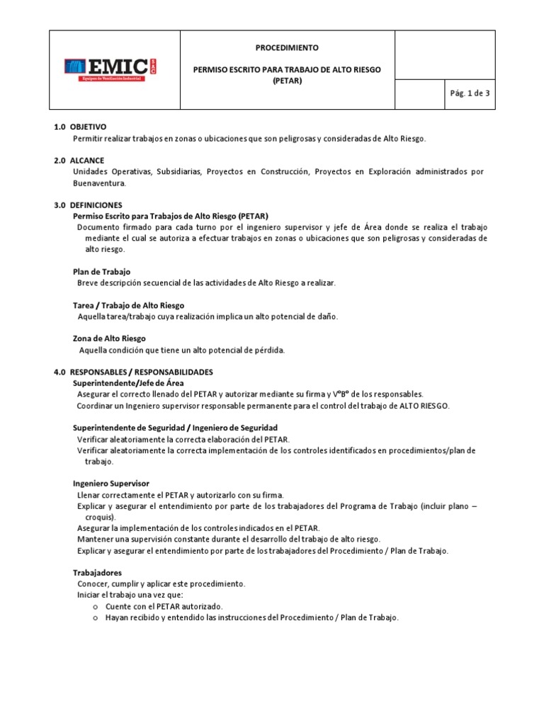 Permiso Escrito para Trabajos de Alto Riesgo (PETAR) | PDF