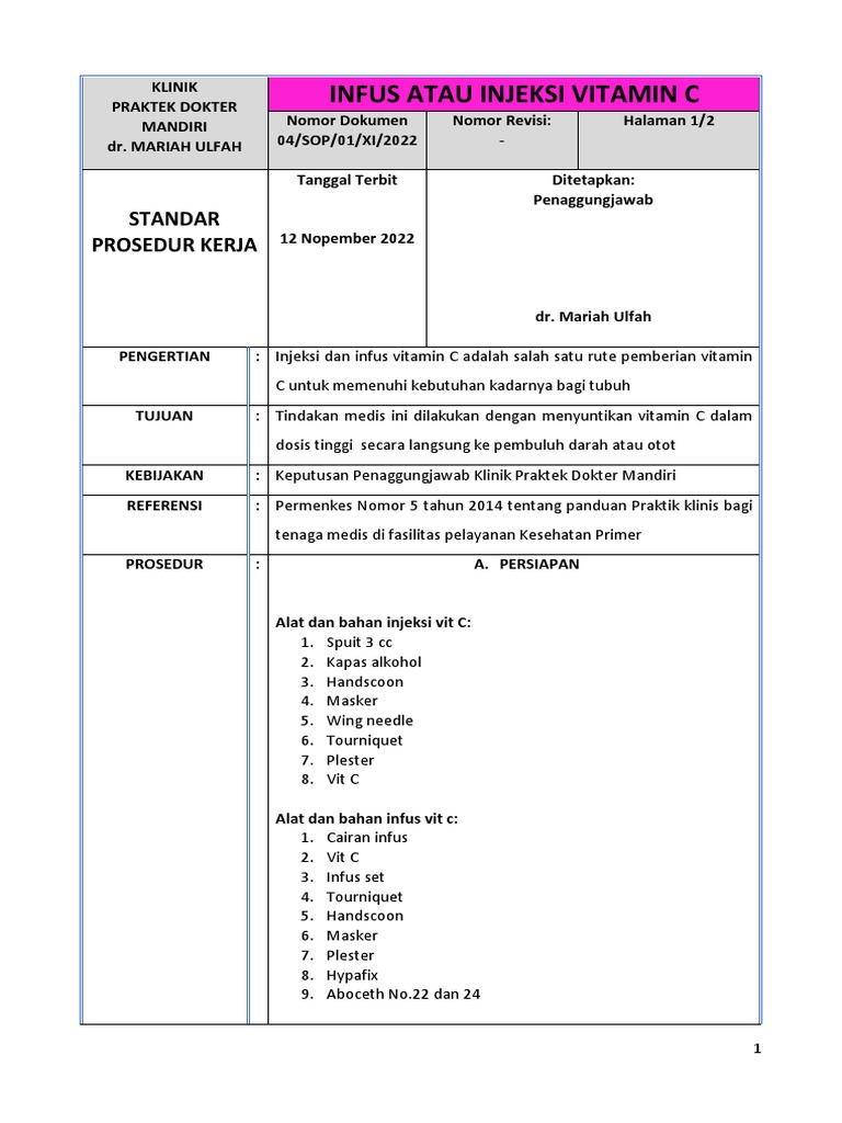 Sop Nomor 4 - Suntik Vit C | PDF