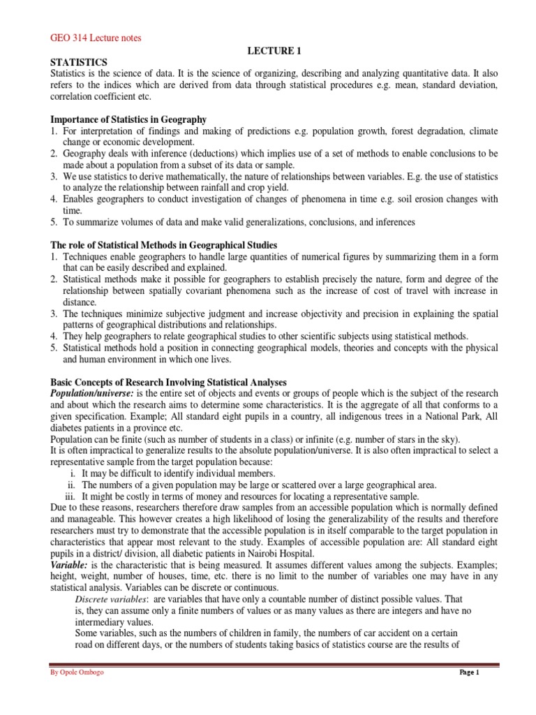 Geo 314 Lecture Notes I | PDF | Sampling (Statistics) | Statistics