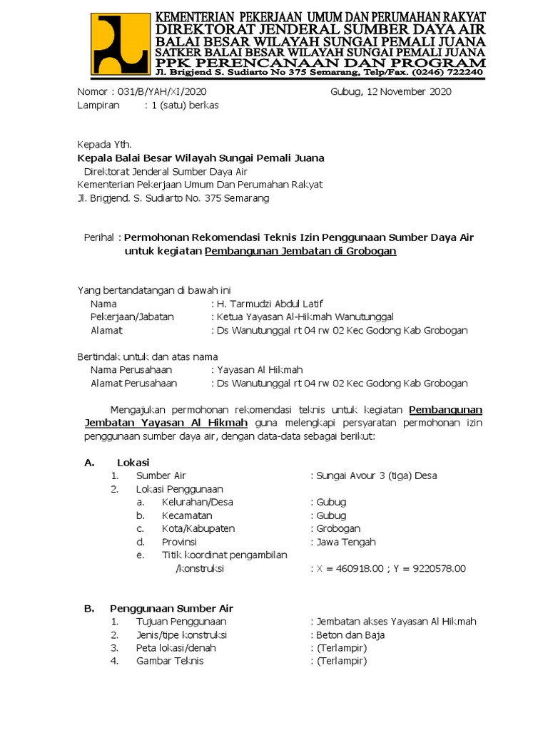 Proposal REKOMTEK Izin Penggunaan SDA - Konstruksi - Jembatan Gubug | PDF