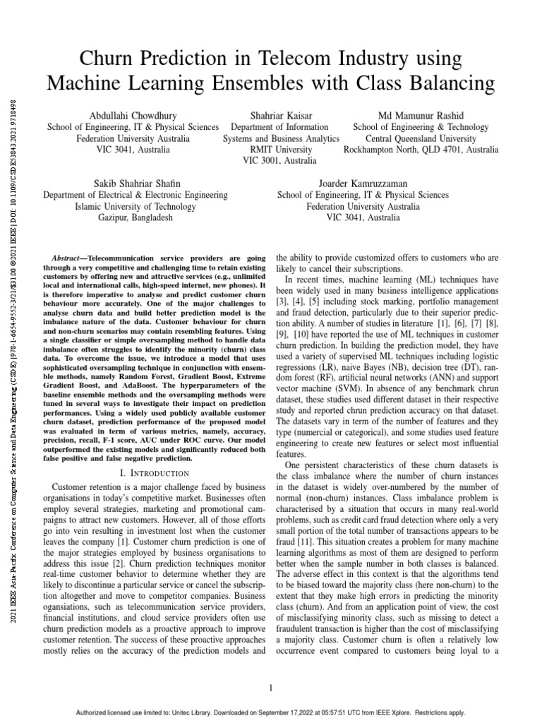 Churn Prediction In Telecom Industry Using Machine Learning Ensembles With Class Balancing Pdf