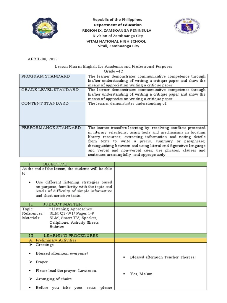 Lesson Plan (English Dept) | PDF