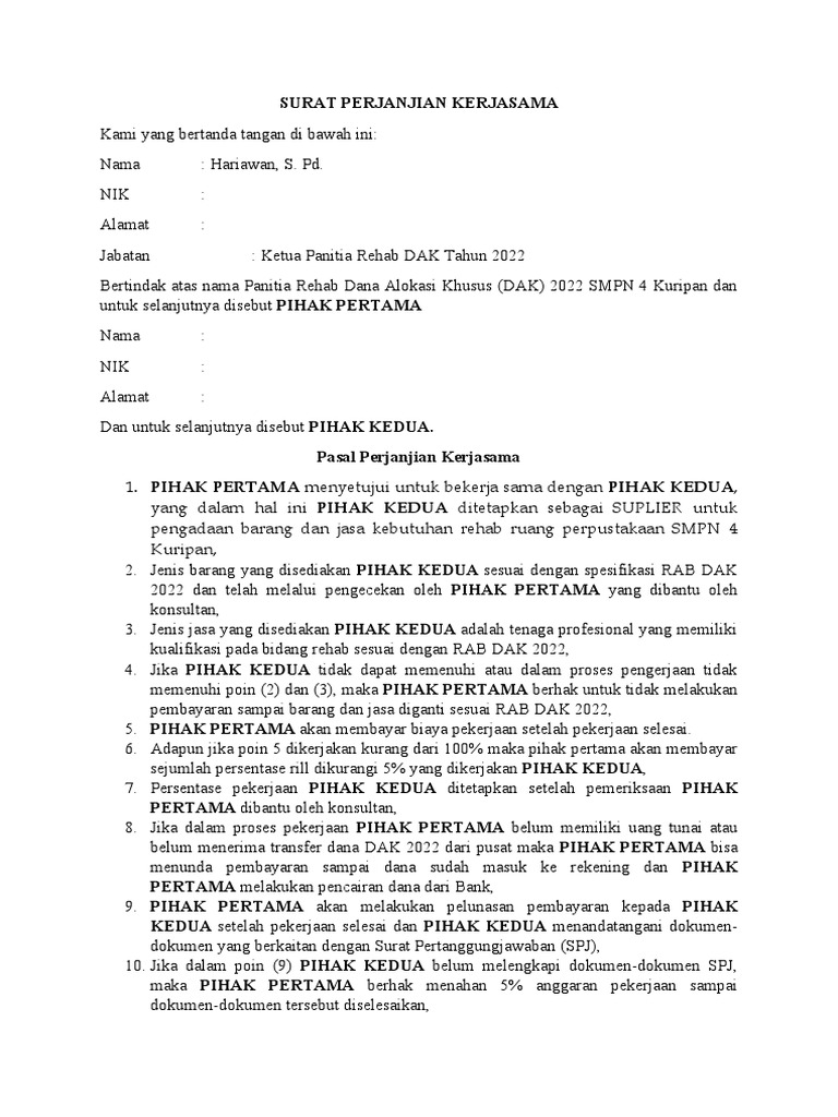 Surat Perjanjian Kerjasama | PDF