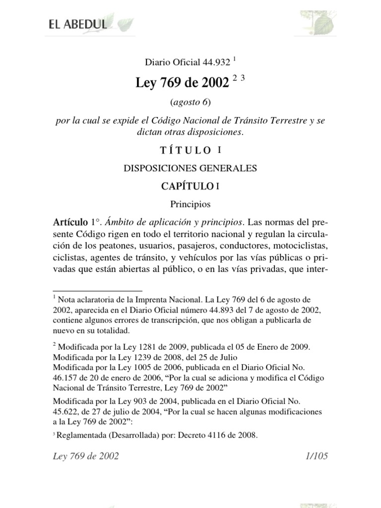 Codigo Nacional de Transito Terrestre - Ley 769 2002 | PDF | Licencia ...