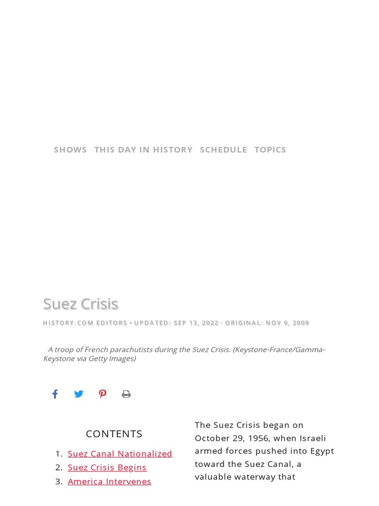 Suez Crisis: 1956, Cold War & Summary - HISTORY - HISTORY | PDF | Suez Crisis | Suez Canal