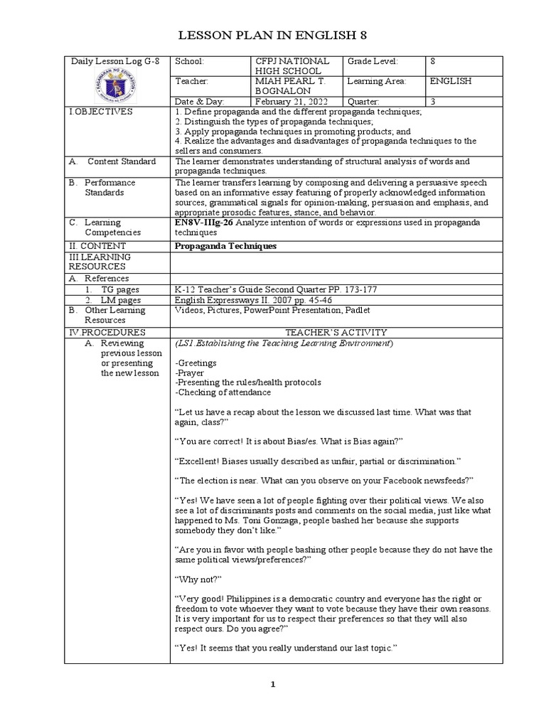 Grade 8 English Sample DLP | PDF | Propaganda | Learning