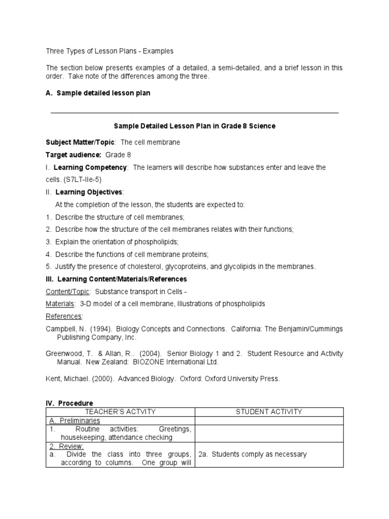 Three Levels of Lesson Plan Detail: Examples of Detailed, Semi-Detailed ...