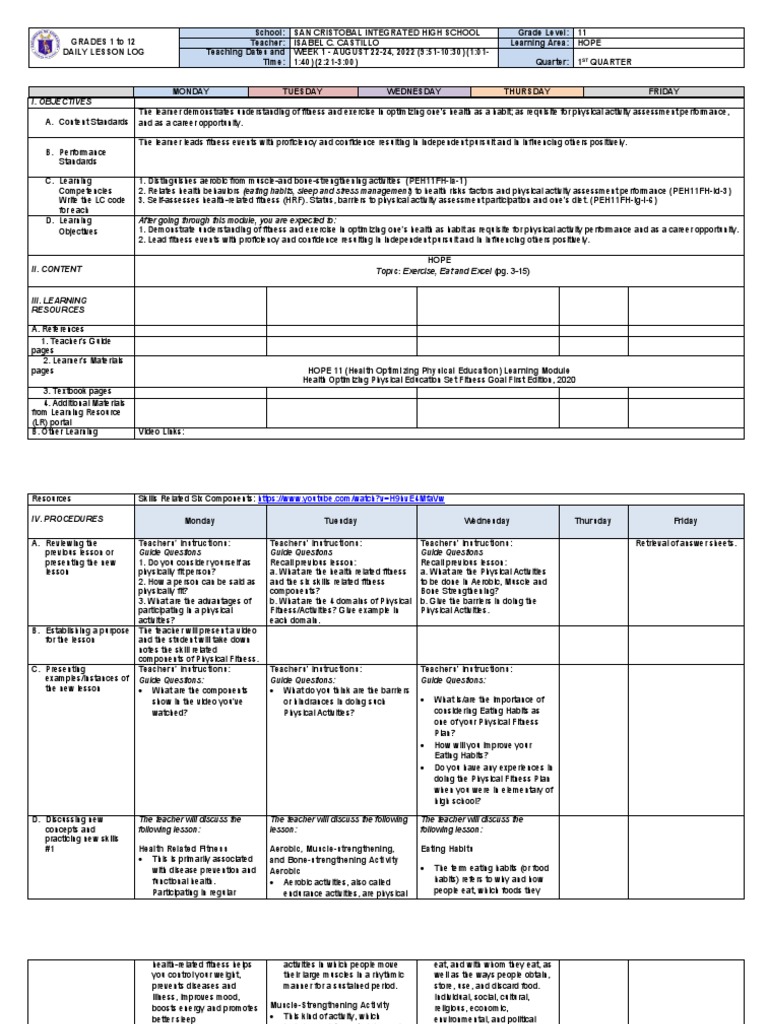 DLL - Pe11 - Q1 - Week 1 | PDF