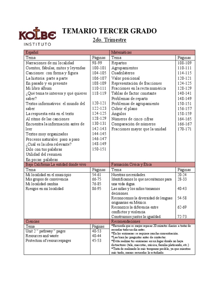 TEMARIO TERCER GRADO 2do Trimestre | PDF