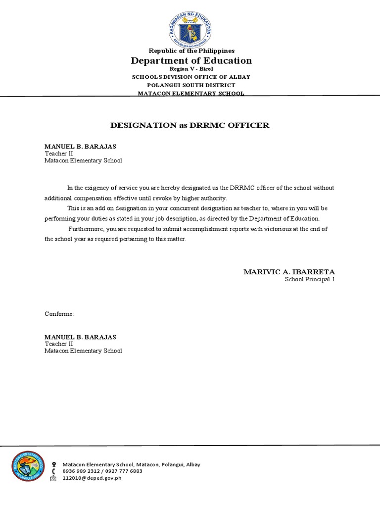 DRRMC Designations at Matacon School | PDF | Risk Management ...
