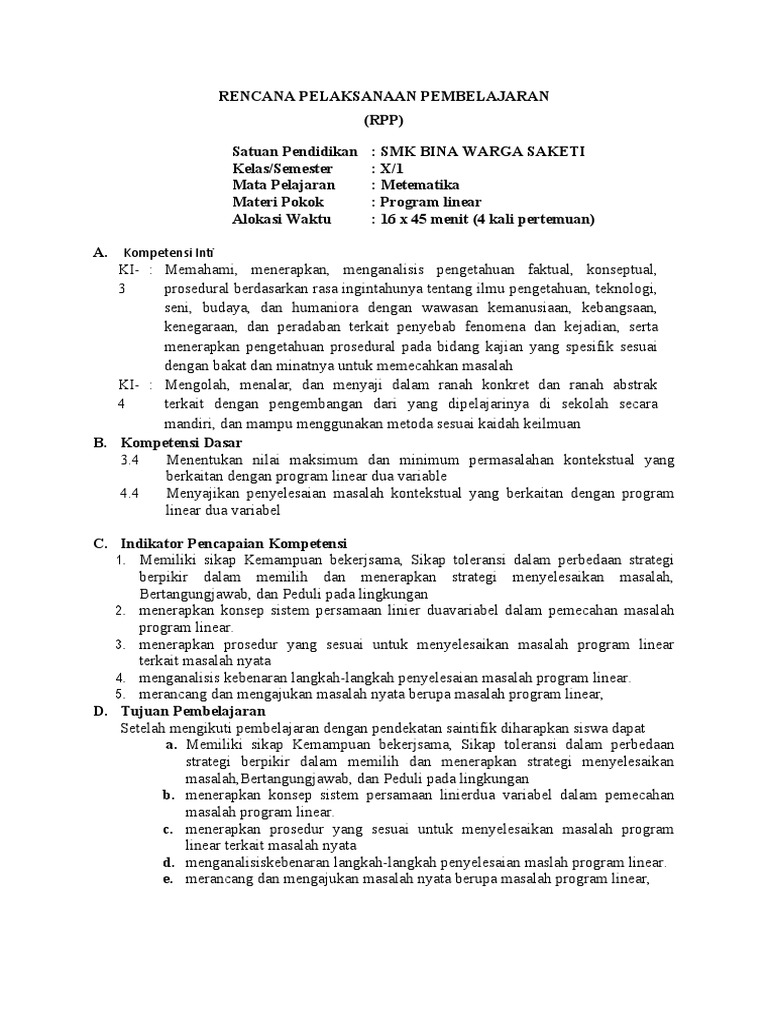 RPP PROGRAM LINEAR Kls X | PDF