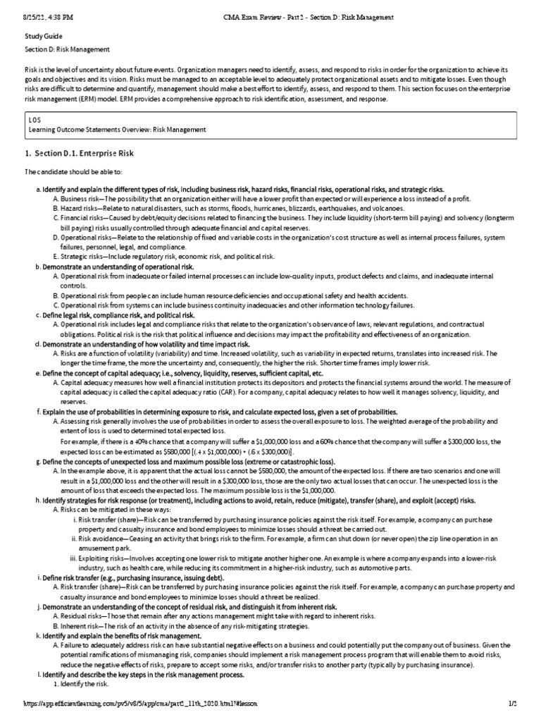 CMA Exam Review - Part 2 - Section D - Risk Management | PDF | Risk ...