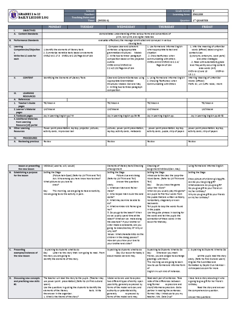 DLL - English 5 - Q1 - W4 | PDF | English Language | Reading Comprehension