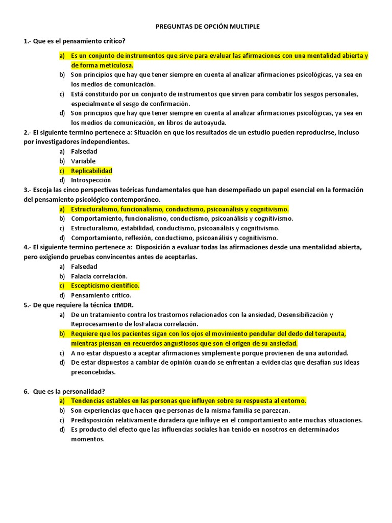 Preguntas de Opción Multiple | PDF | Pensamiento | Sicología