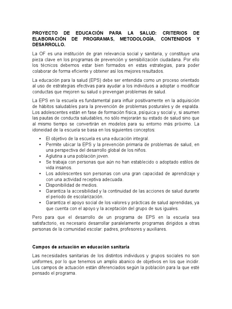 Proyecto de Educación para La Salud | PDF | Comportamiento | Educación ...