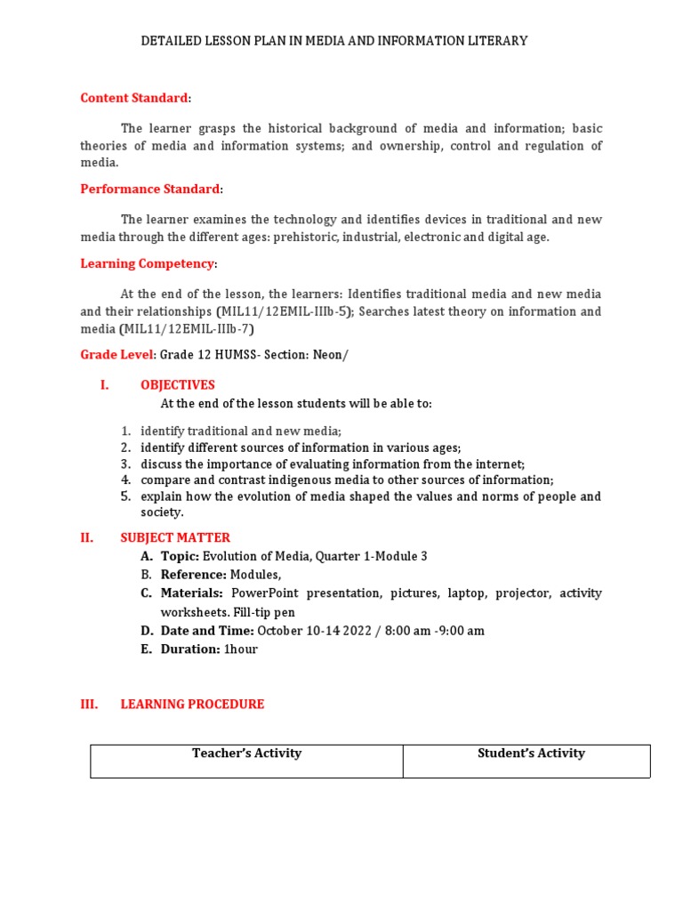 Detailed Lesson Plan in Media and Information Literary | PDF | Social ...