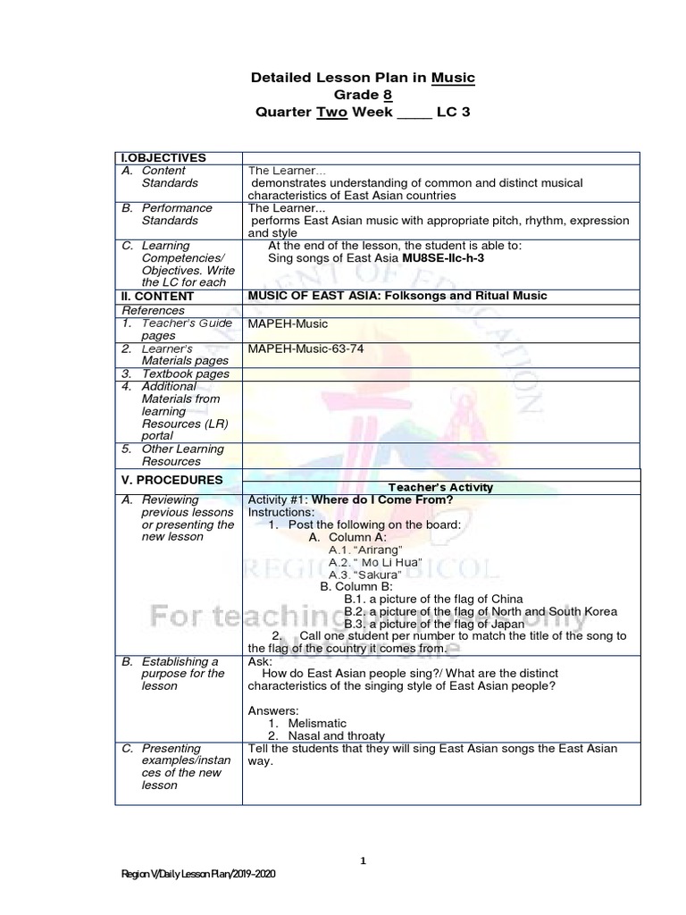 Detailed Lesson Plan in Music Grade 8 Quarter Two Week | PDF | Lesson ...