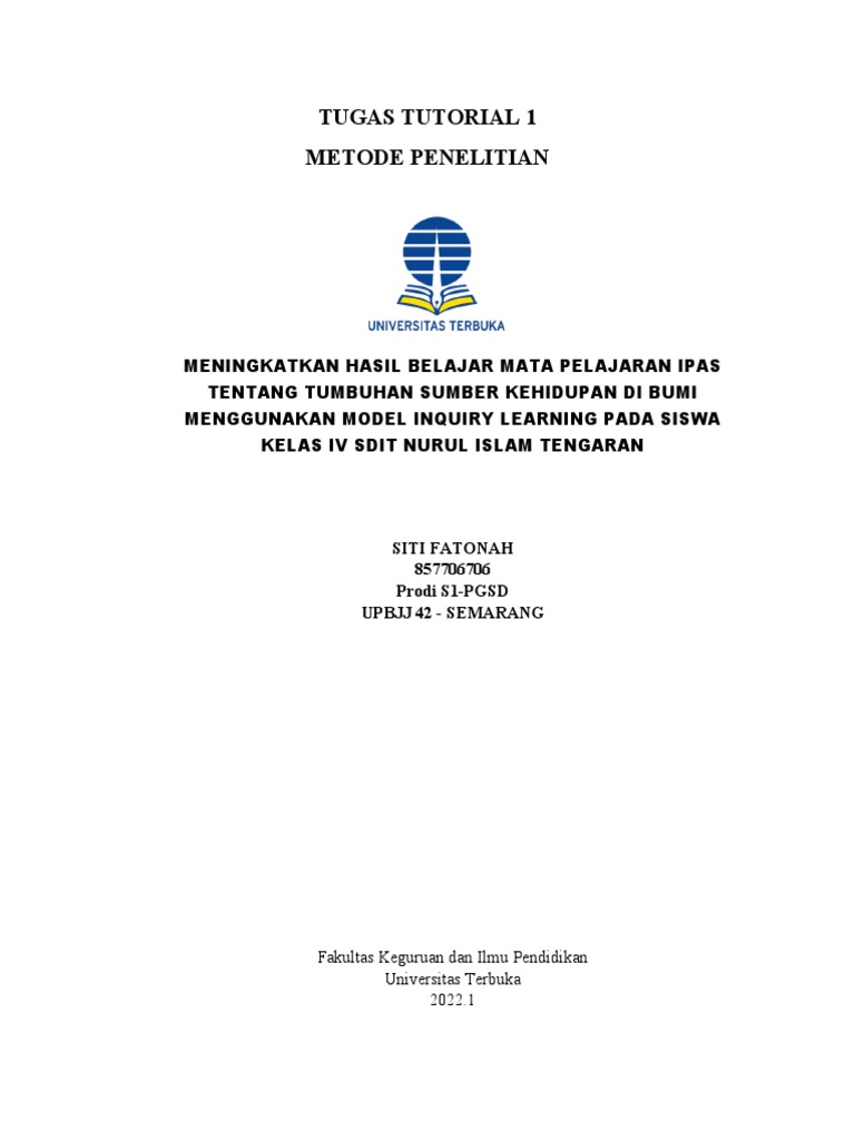 Tugas Tutorial 1 - Metode Penelitian - Siti Fatonah | PDF