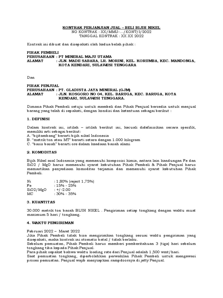Draft Kontrak Perjanjian Jual Beli Nikel Mmu Fob-433 | PDF