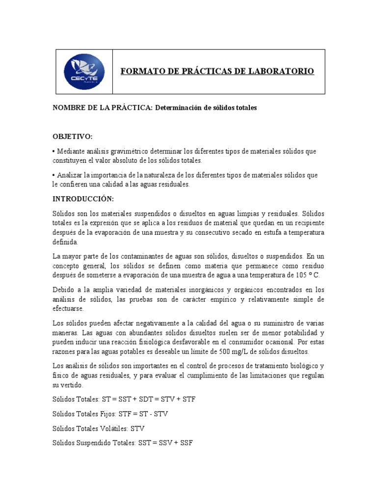 Práctica 3. Determinación de Sólidos Totales en Aguas 3-4 Hrs + 2 Hrs | PDF