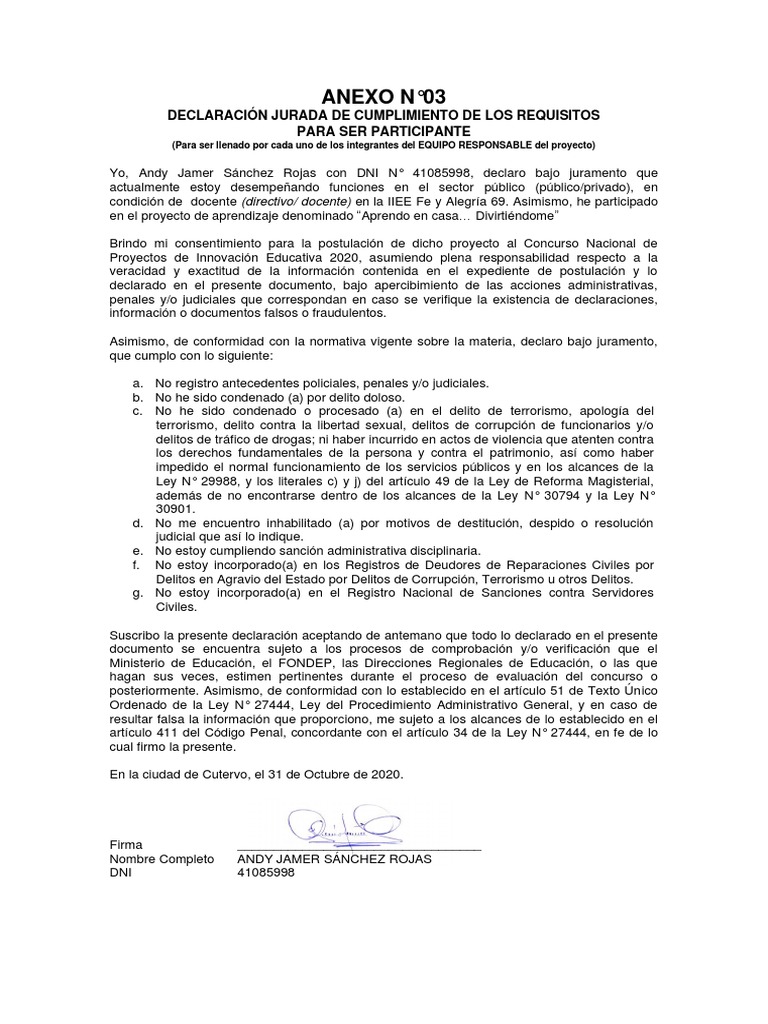 Declaracion Jurada de Cumplimiento de Requisitos | PDF