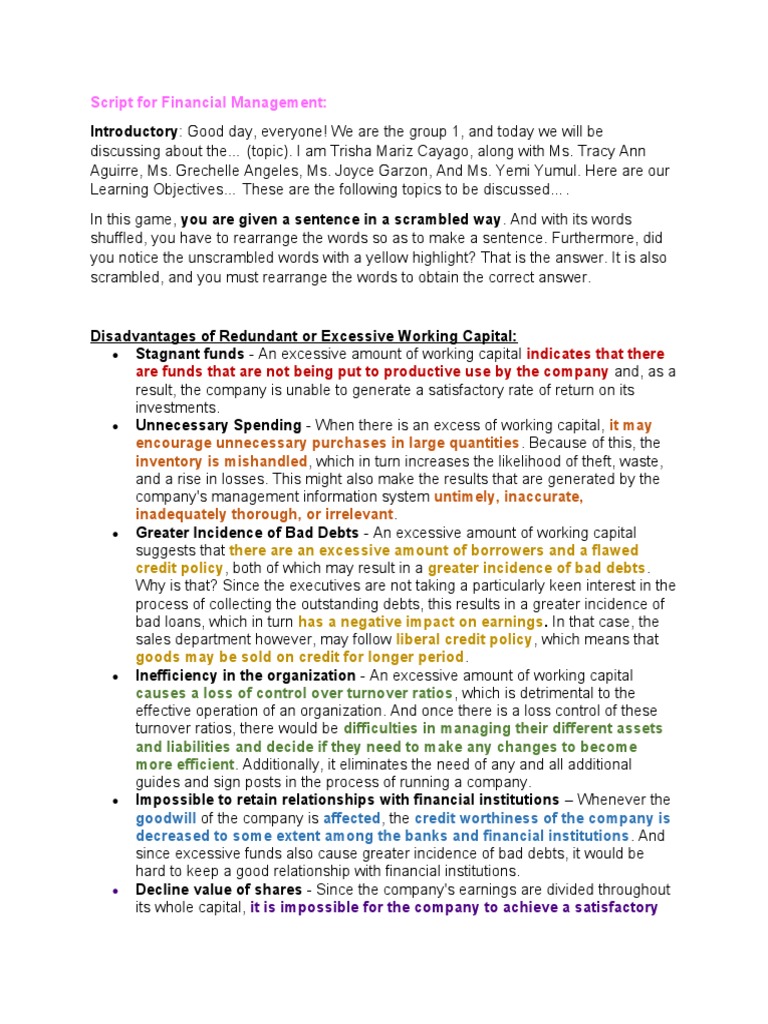 Script For Financial Management | PDF | Working Capital | Investing