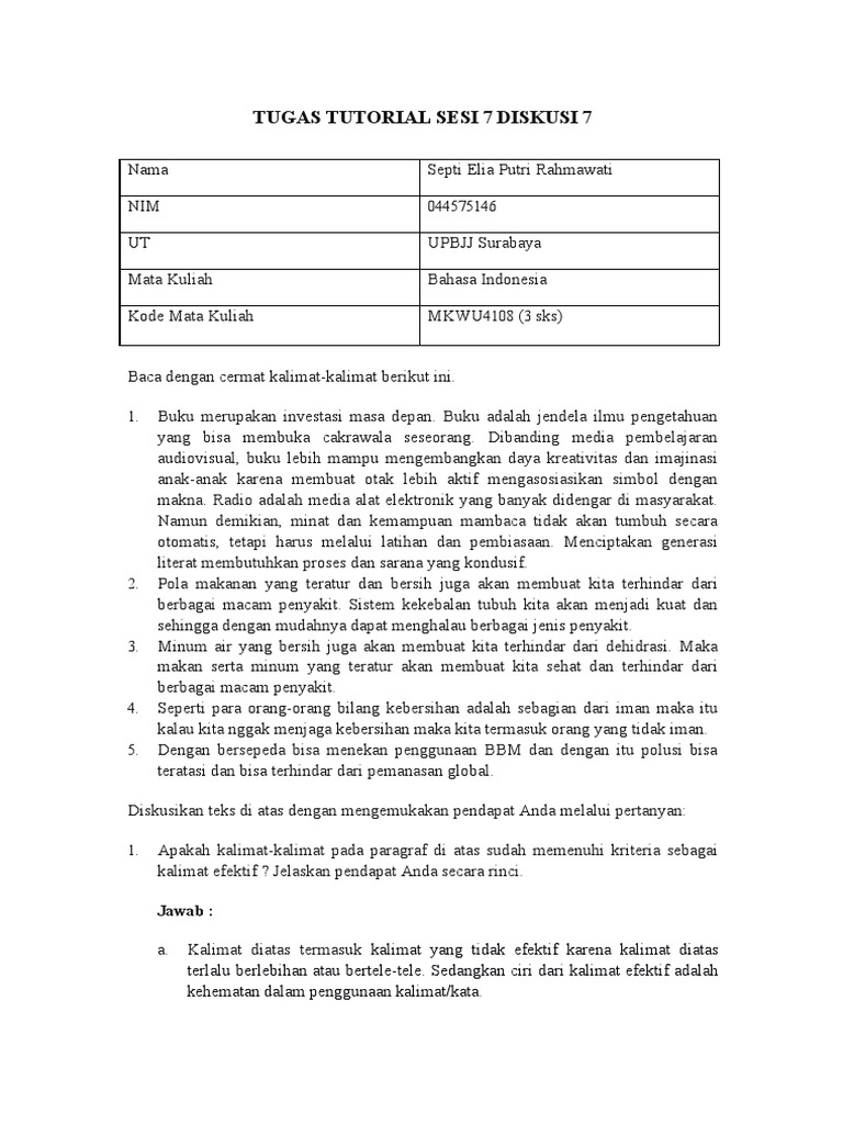 Tugas Tutorial Sesi 7 Diskusi 7 Bahasa Indonesia | PDF
