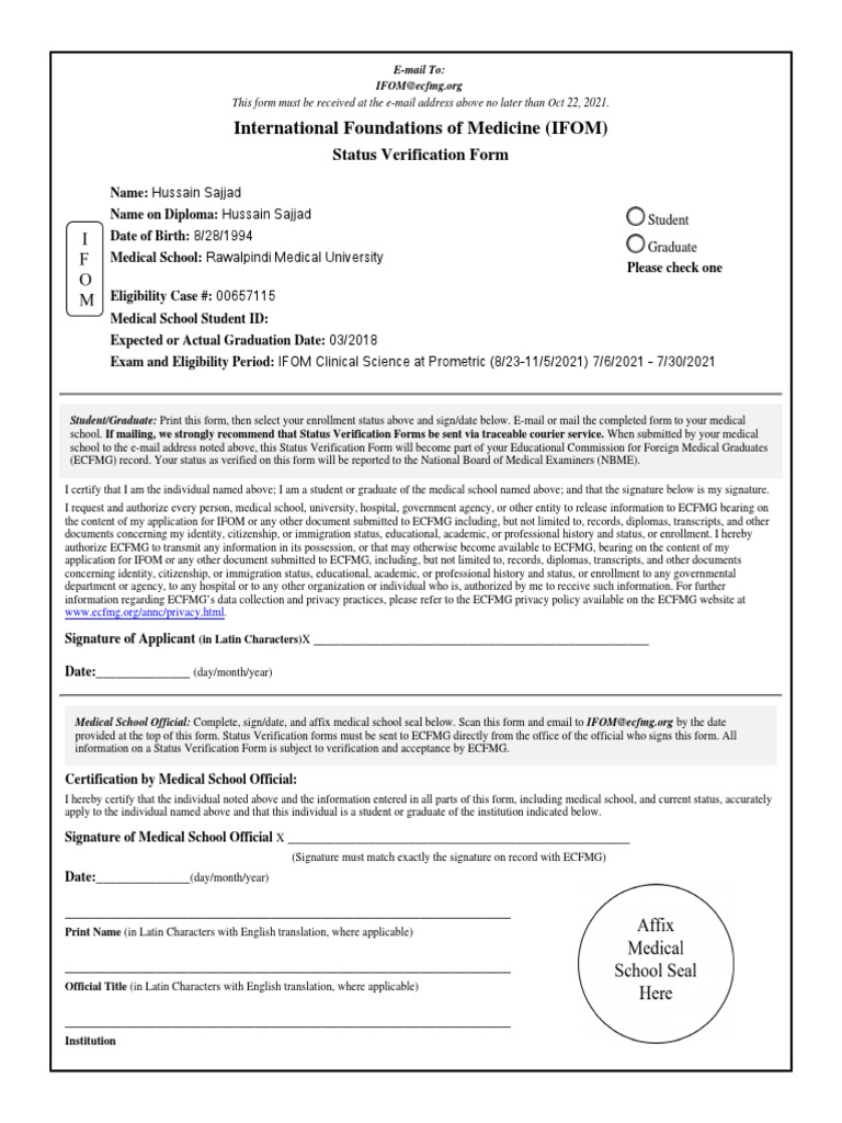 IFOM Status Verification Form | PDF | Medical School | Signature