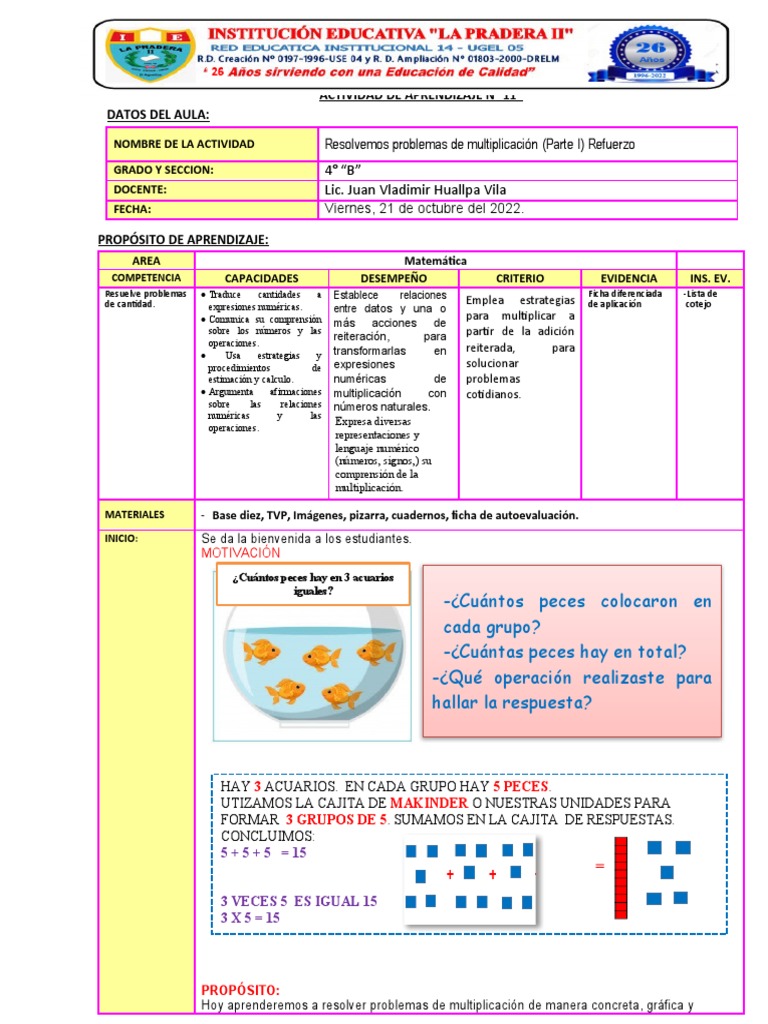 SESIÓN REFUERZO MATEMÁTICA #11 Resolvemos Problemas de Multiplicación (Parte I) Refuerzo | PDF
