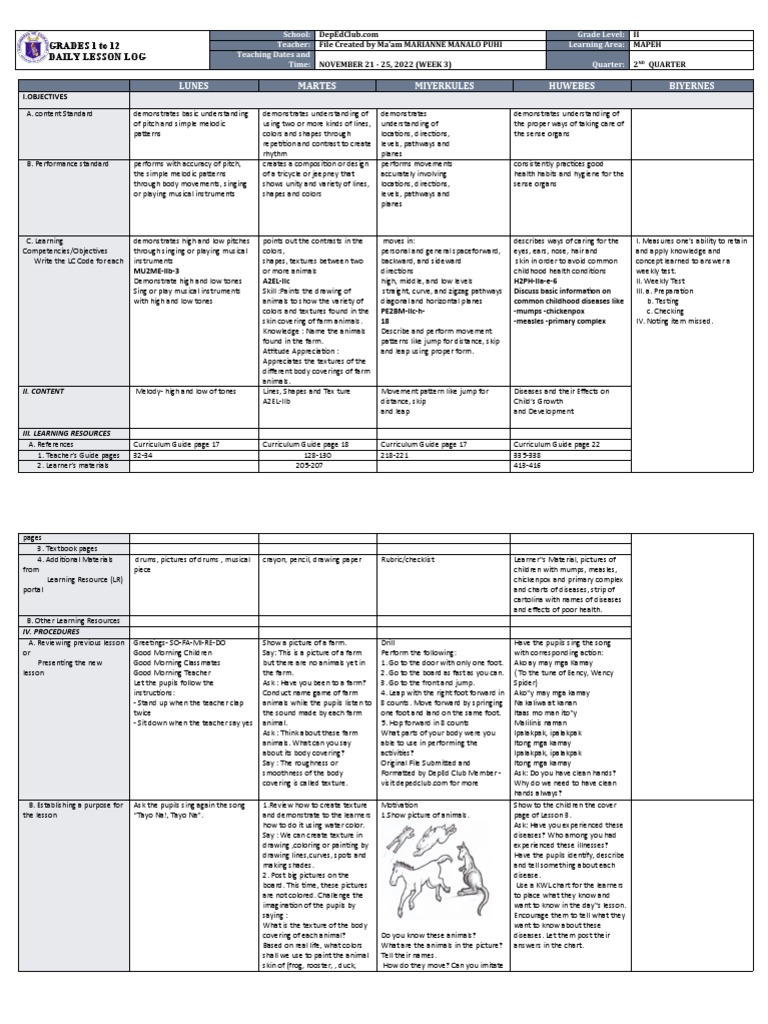DLL - Mapeh 2 - Q2 - W3 | PDF