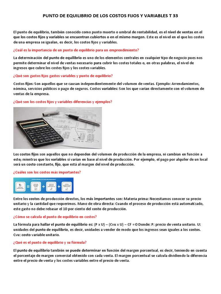 Punto de Equilibrio de Los Costos Fijos y Variables T 33 | PDF | Costo | Business