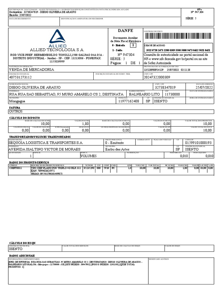 Nota Fiscal Tim | PDF | Recibo | Documento