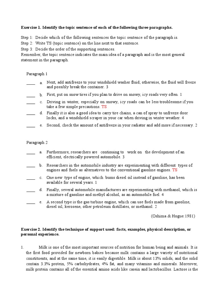 Exercise 1 - Identifying Supporting Sentences | PDF | Milk | Diesel Fuel