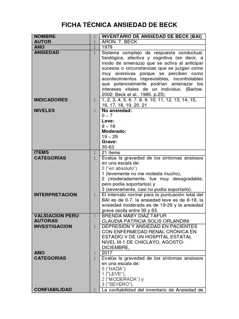 Ficha Técnica Del Test de Ansiedad Beck | PDF