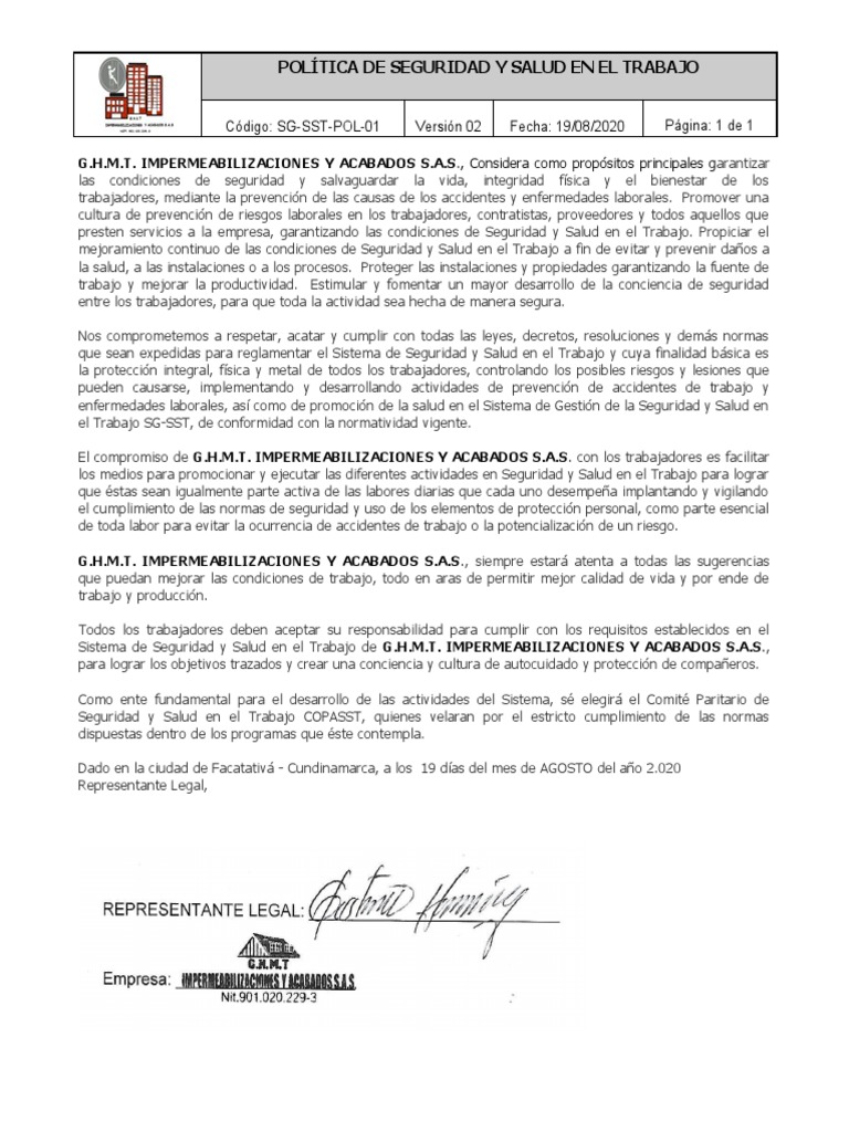 Sg-Sst-Pol-01 Politica de Salud y Seguridad en El Trabajo | PDF | Valores | Seguridad y salud ...