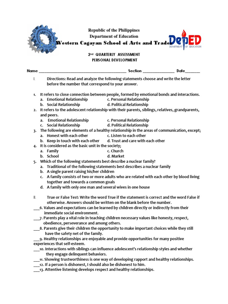 2nd QUARTERLY ASSESSMENT IN PERSONAL DEVELOPMENT | PDF