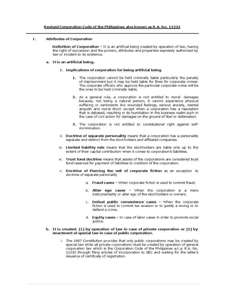 Attributes of Corporations in R.A. No. 11232 | PDF | Preferred Stock ...