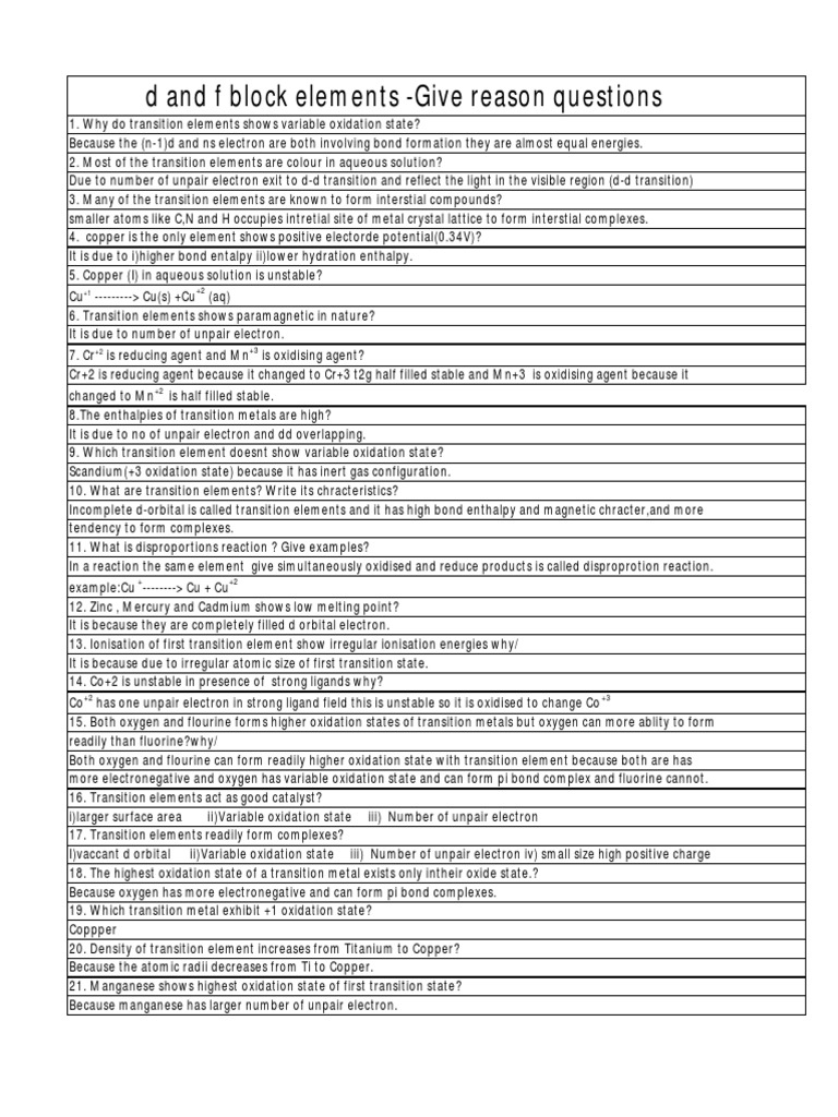 D and F Block Questions and Answers | PDF | Transition Metals | Redox