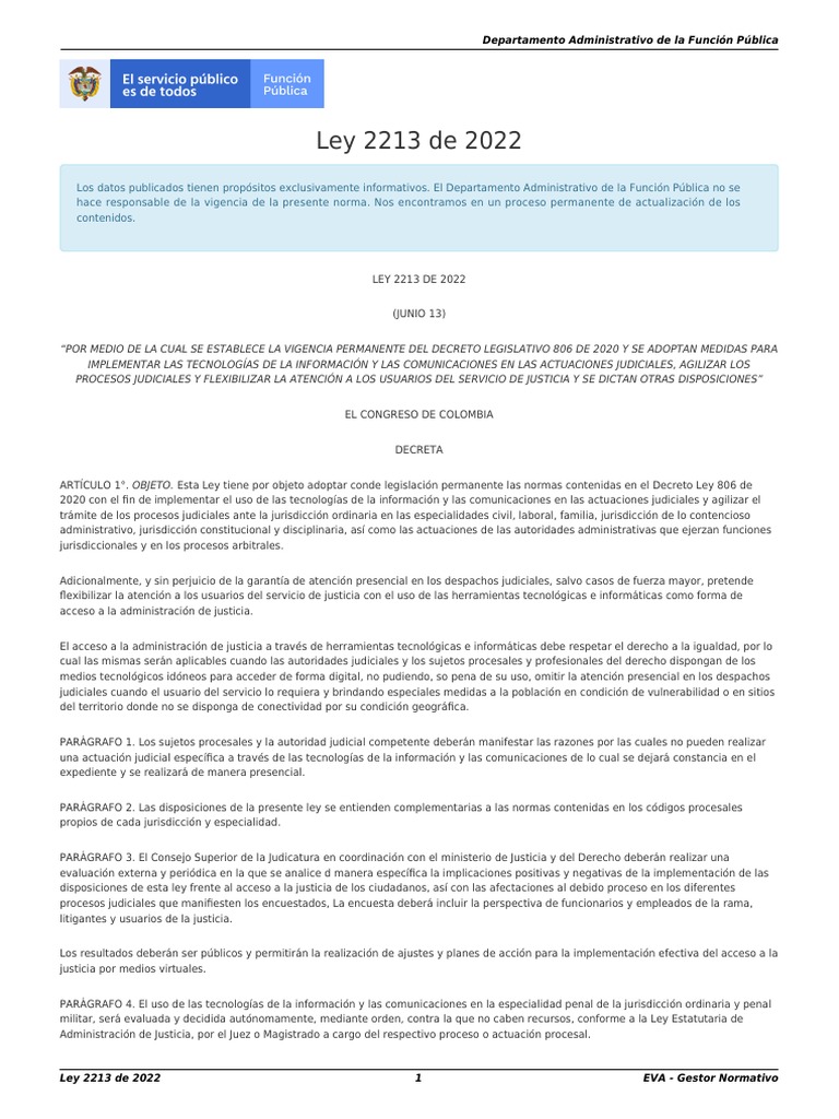Ley 2213 de 2022 Gestor Normativo | PDF | Demanda judicial | Apelación