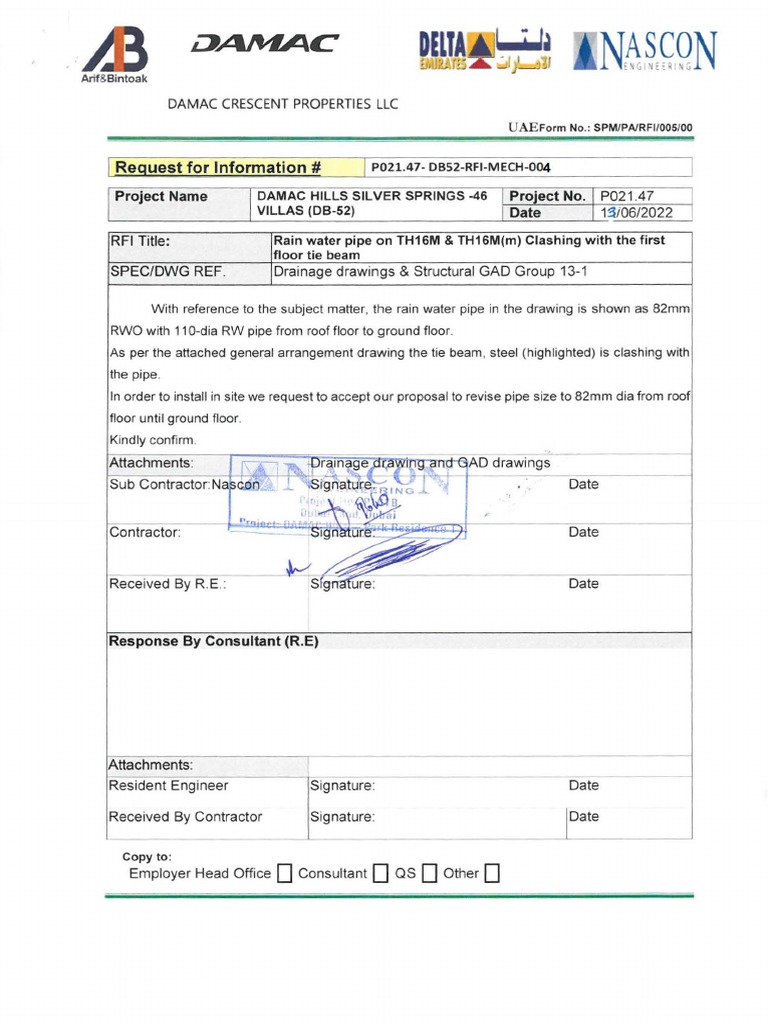 Rainwater Pipe Clash Resolution RFI | PDF | Economic Sectors | Building
