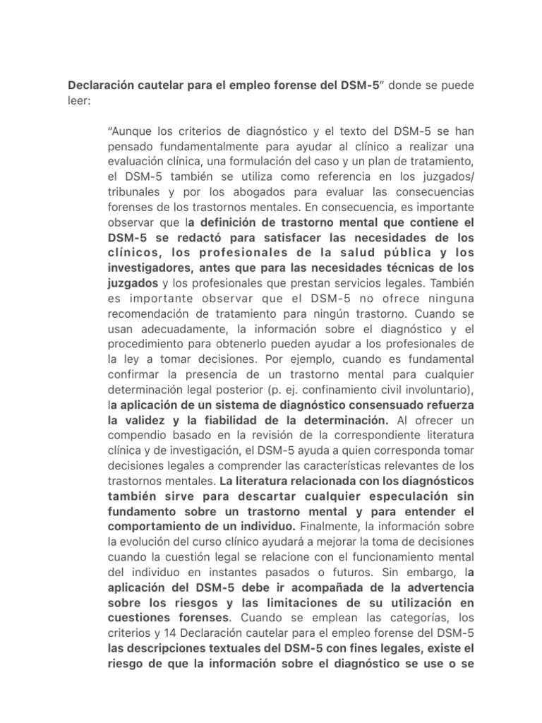Declaración Cautelar Para El Empleo Forense Del Dsm 5 Donde Se Puede