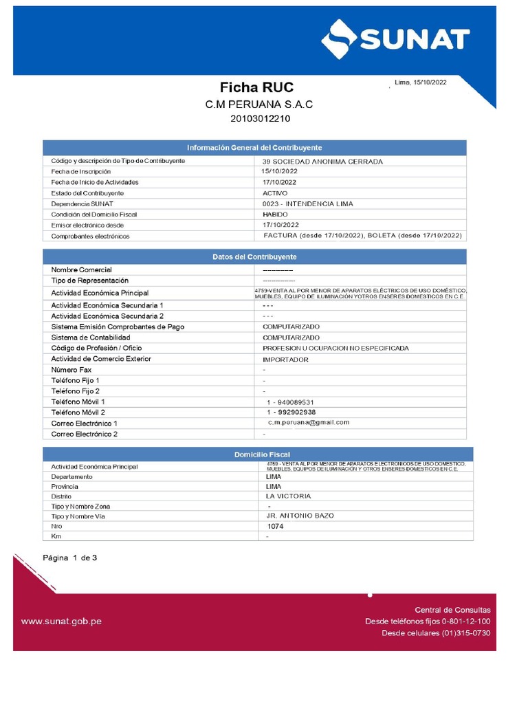 Ficha Ruc C.m.peruana Sac | PDF